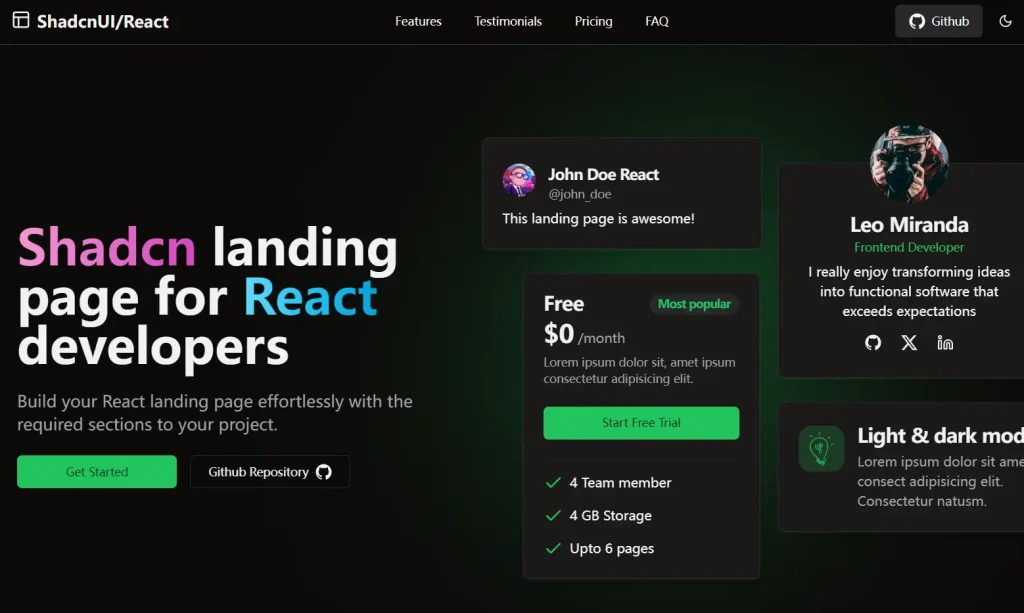 Shadcn/UI Landing Page Template for React